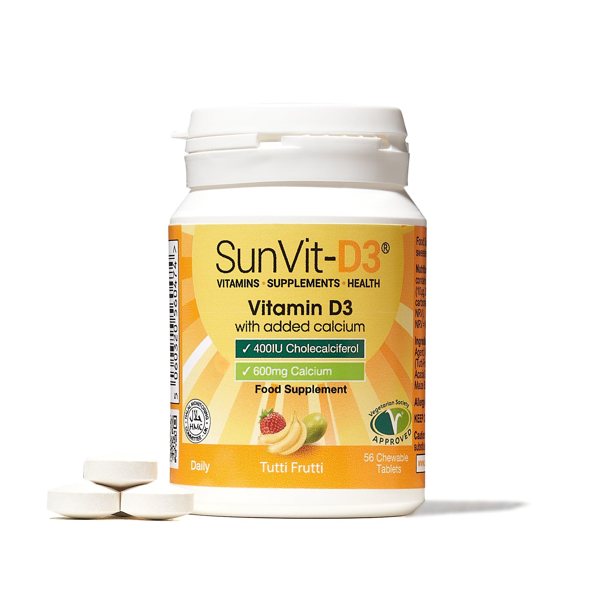 600mg Calcium Tablets | 100 Tablets | Tutti Frutti Flavour – SunVit-D3