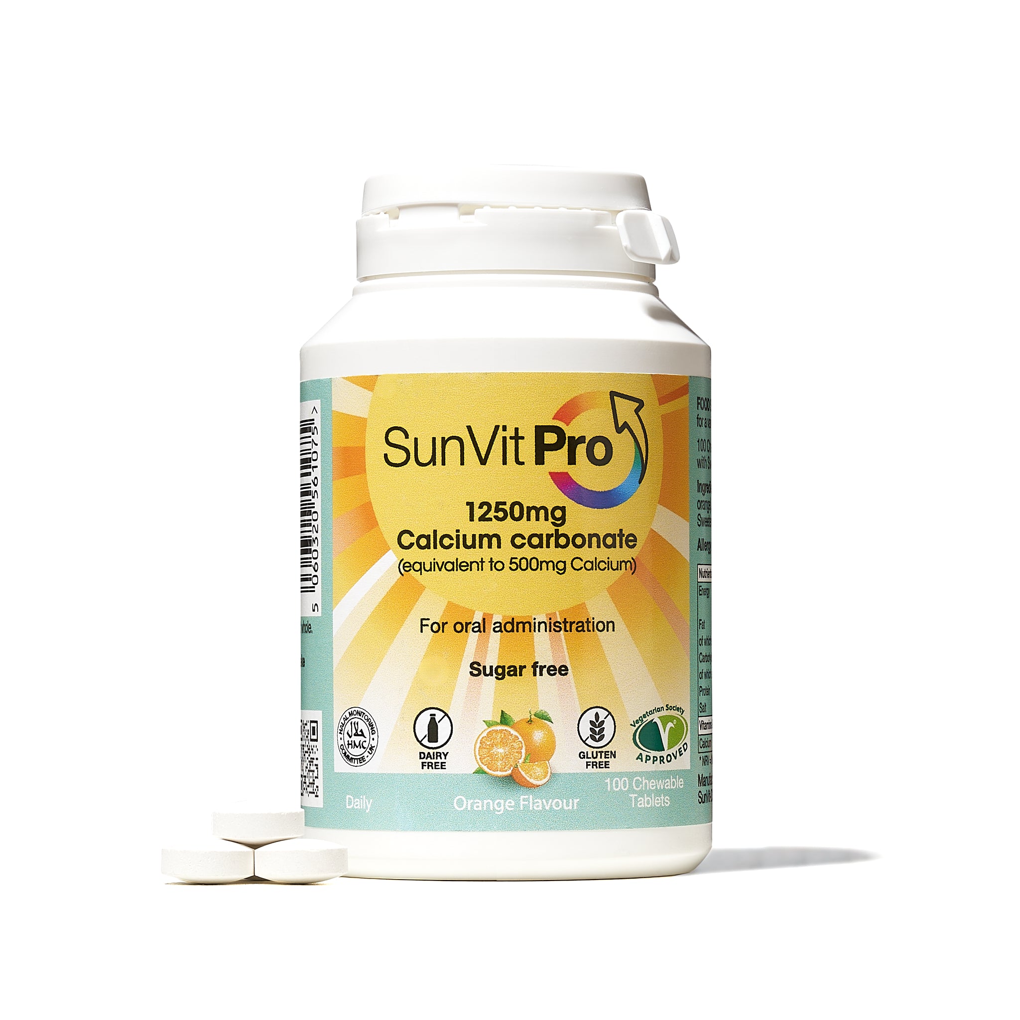 Calcium Carbonate 500mg Tablets | 100 Orange Flavoured Tablets – SunVit-D3