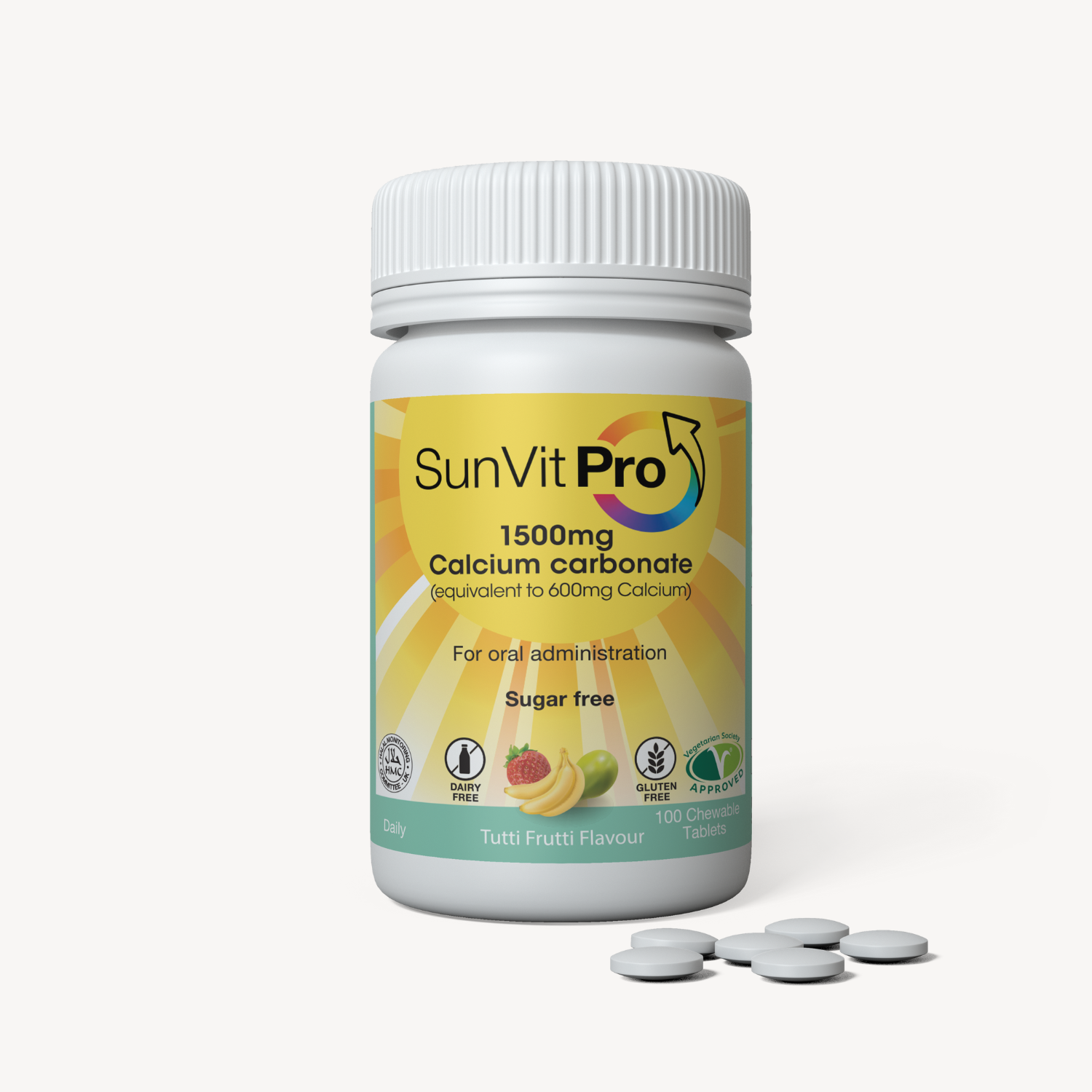 600mg Calcium Tablets | 100 Tablets | Tutti Frutti Flavour – SunVit-D3