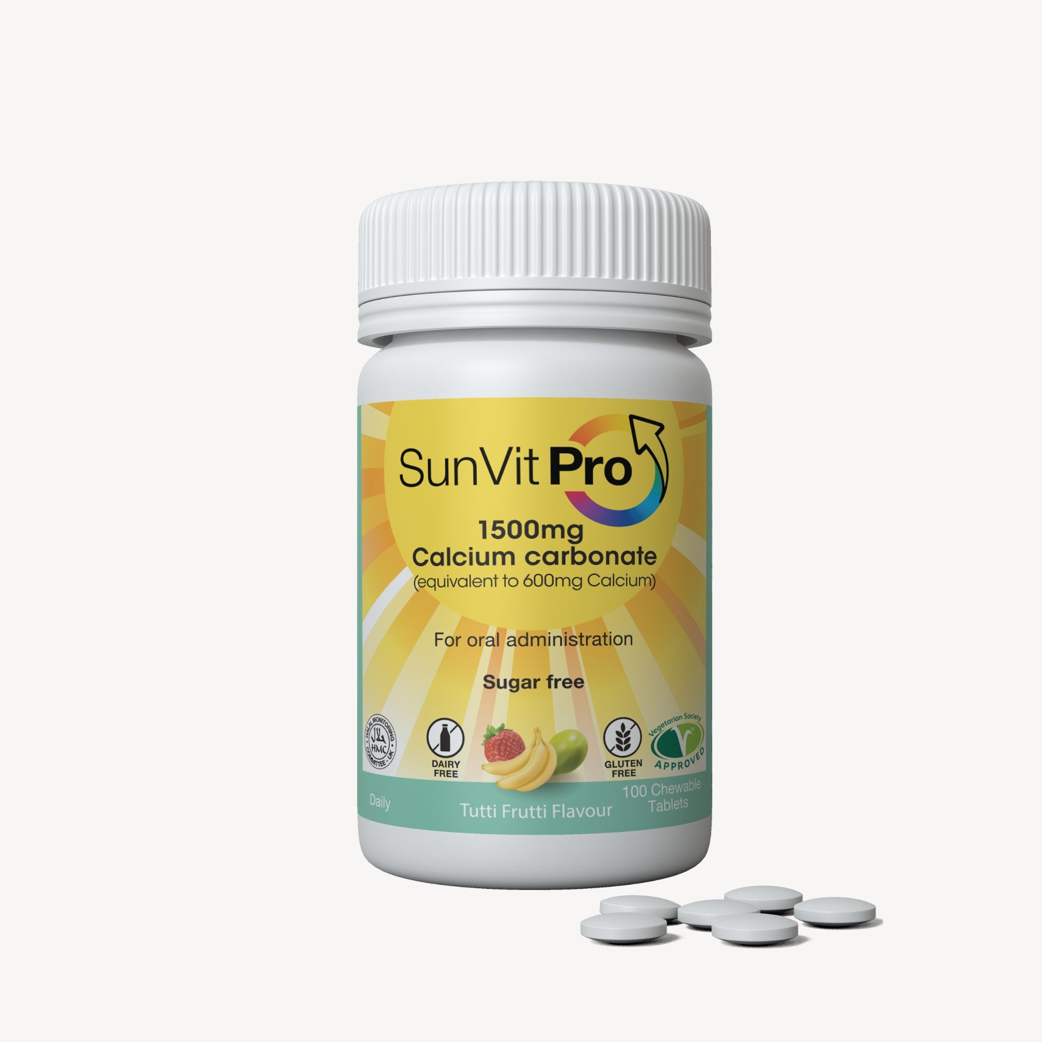 600mg Calcium Tablets | 100 Tablets | Tutti Frutti Flavour – SunVit-D3